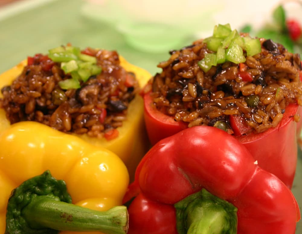 Rice-Filled Bell Peppers with Black Bean Garlic Sauce | Recipes | Lee ...